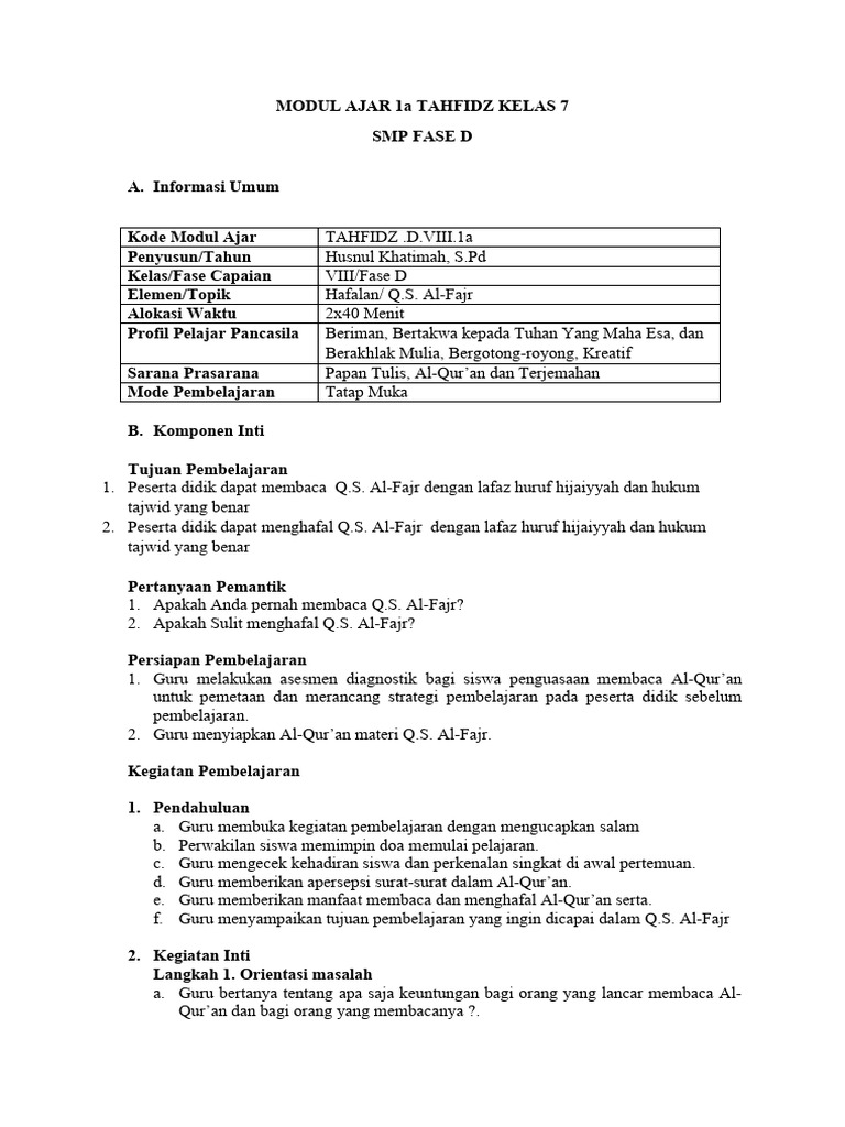 Modul Ajar Tahfidz Kelas Viii | PDF