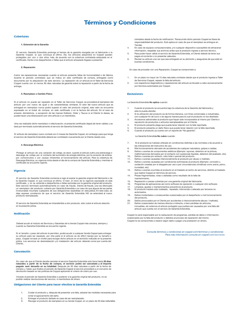 Términos y Condiciones Garantía Extendida Oct 2023 | Descargar gratis PDF | Póliza de seguros