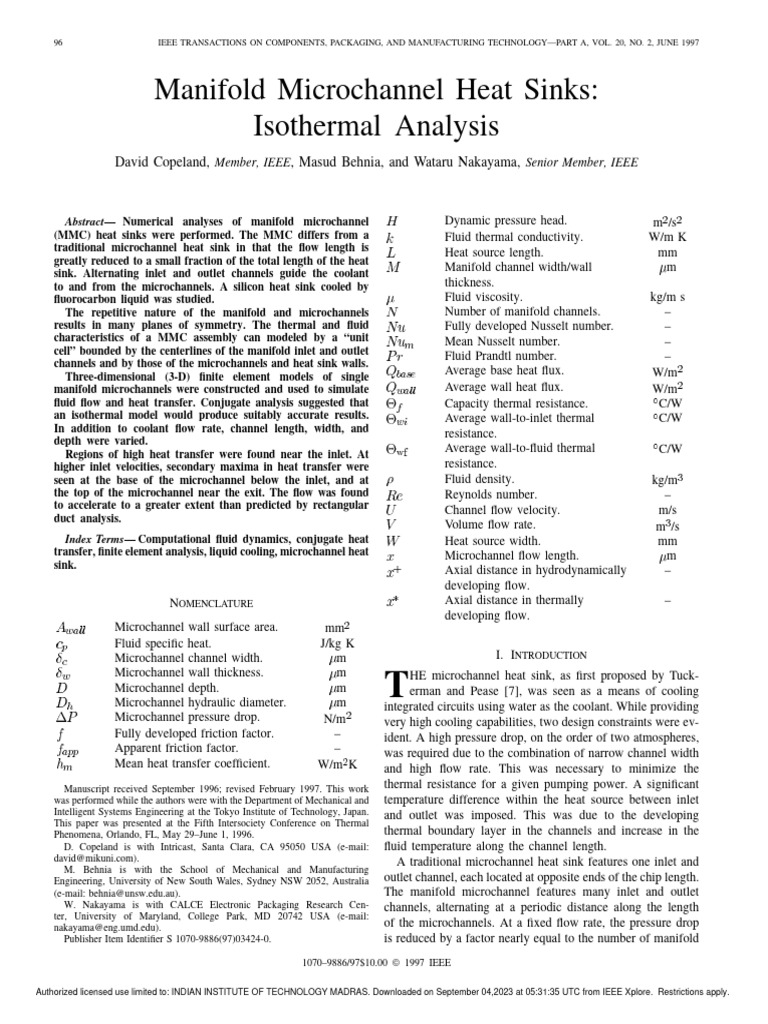 Manifold Microchannel Heat Sinks Isothermal Analysis | PDF | Fluid Dynamics | Microfluidics