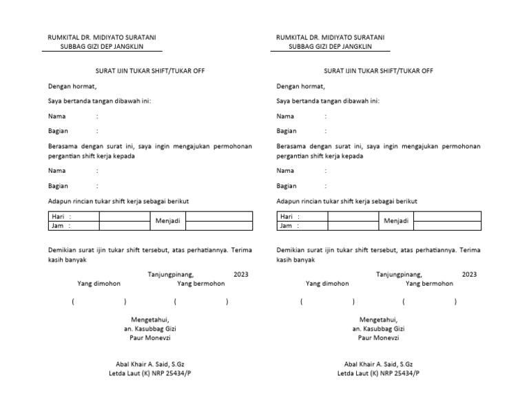 Surat Ijin Tukar Shift | PDF