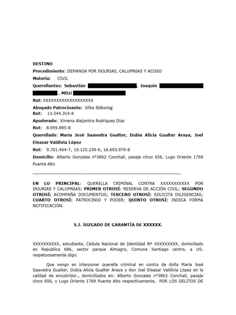 Querella por Injurias y Acoso en Chile | PDF | Esfera pública | Crímenes