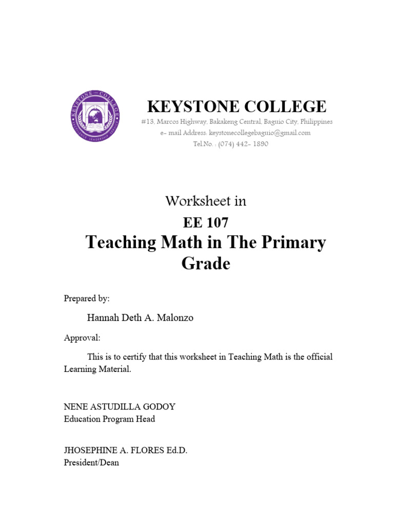 EE 107 Math Worksheet for Primary Grades | PDF | Encodings | Mathematics