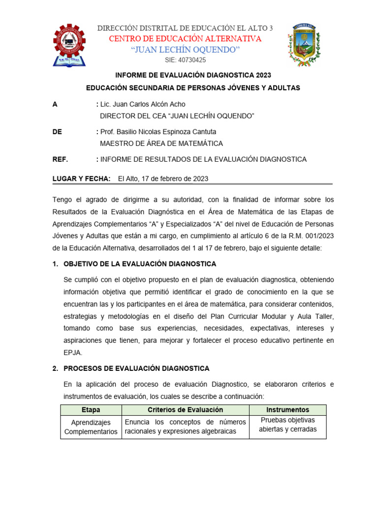 Informe de Evaluación Diagnostica | PDF | Evaluación | Factorización