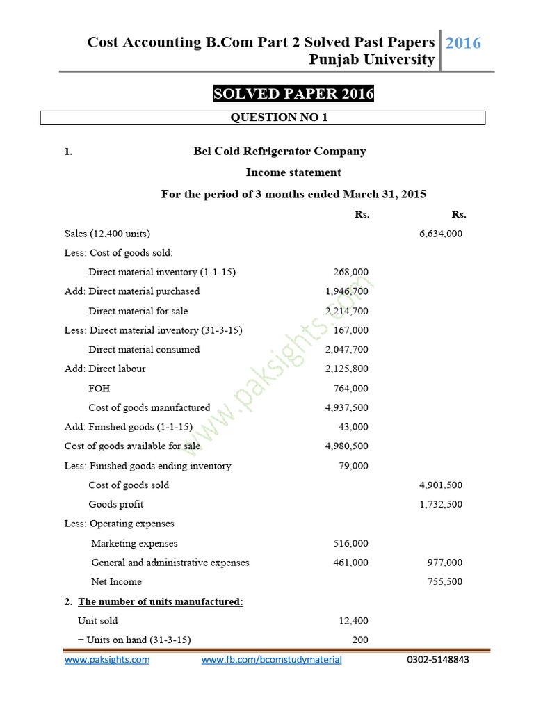Cost Accounting Adc Bcom Part 2 Solved Past Paper 2016 | PDF | Cost Of Goods Sold | Inventory