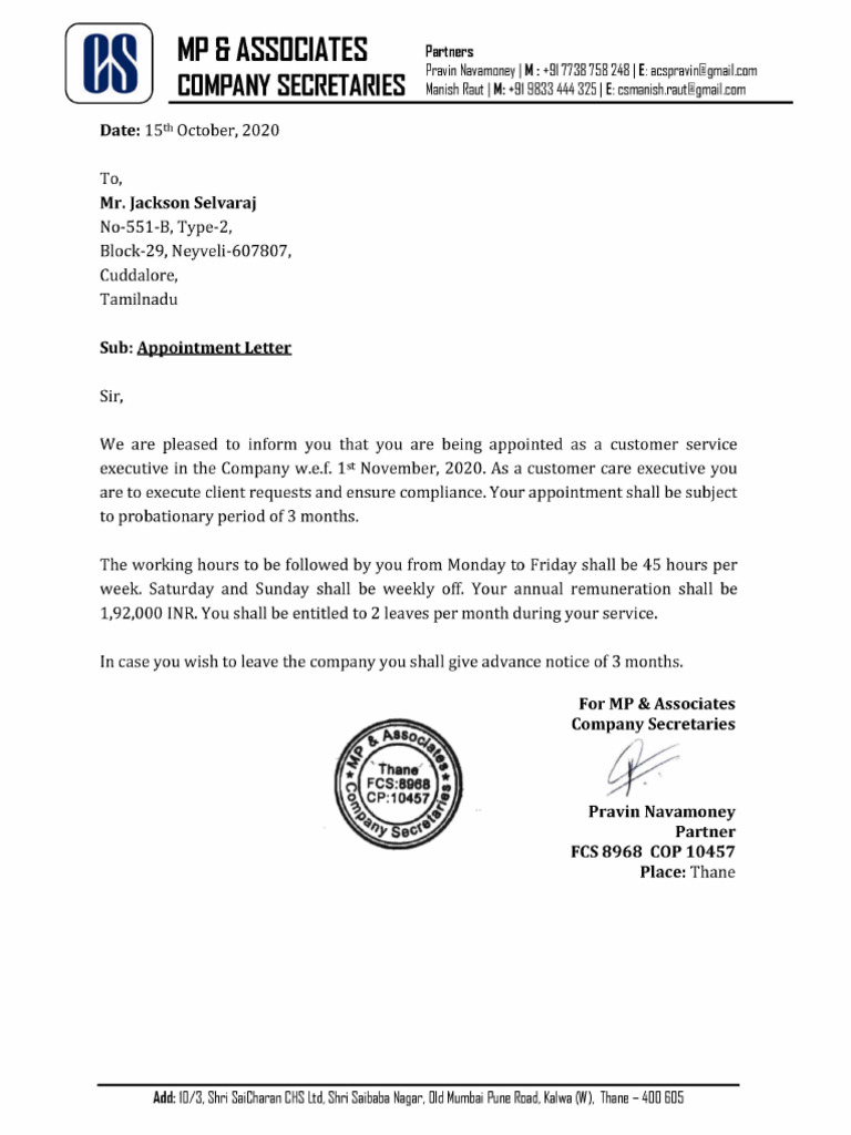 Format - Appointment Letter | PDF