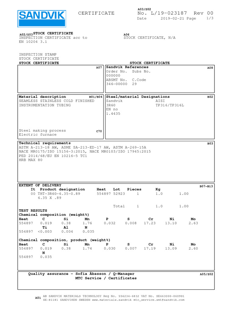Certificate Material Tubing 3.1-Voorbeeld-Certificaat | PDF | Building ...