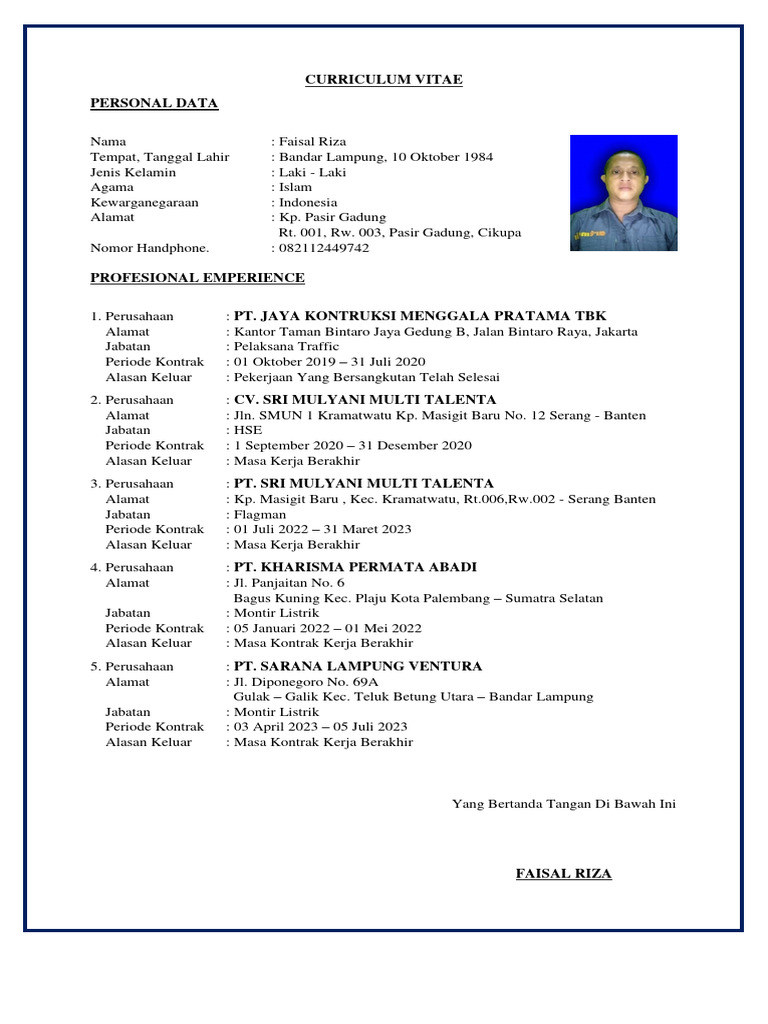 Curriculum Vitae Faisal Riza | PDF