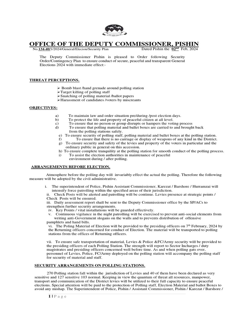 Security Order and Contingency Plan District Pishin For GE 2024 | PDF ...
