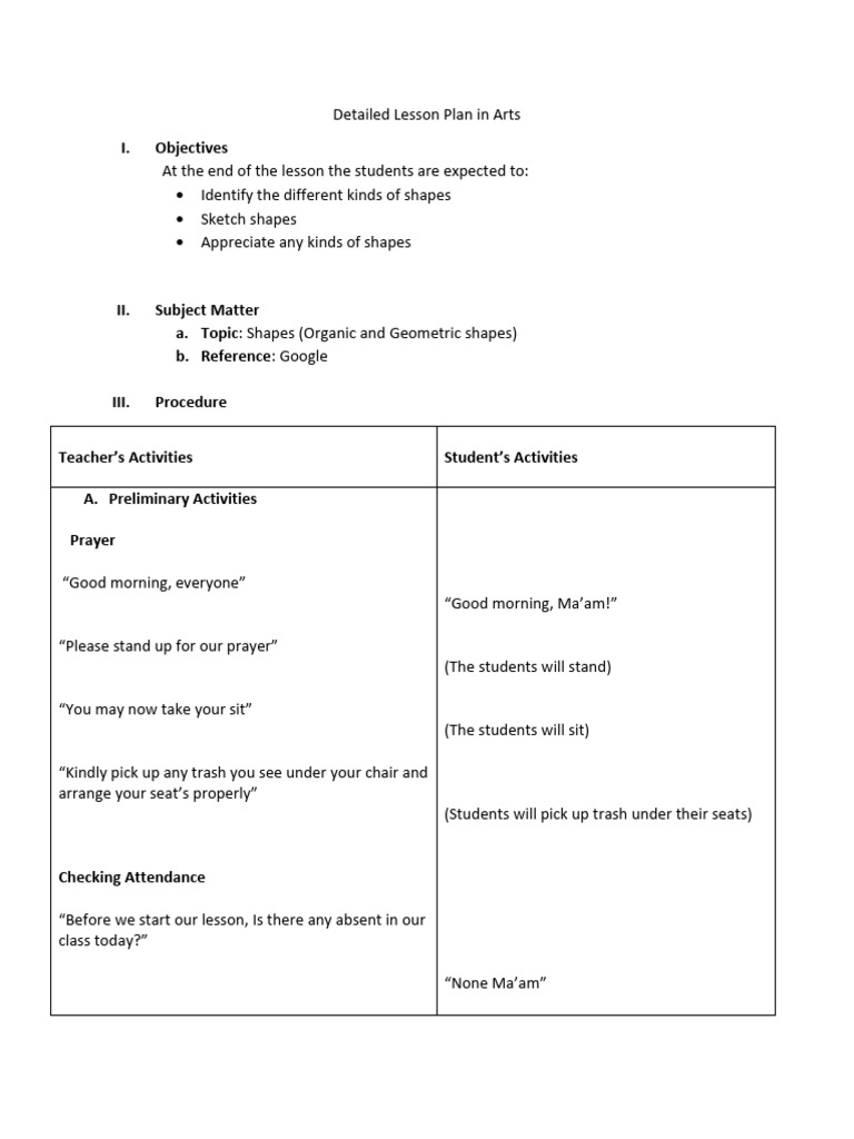 Detailed Lesson Plan in Arts | PDF | Shape | Geometry