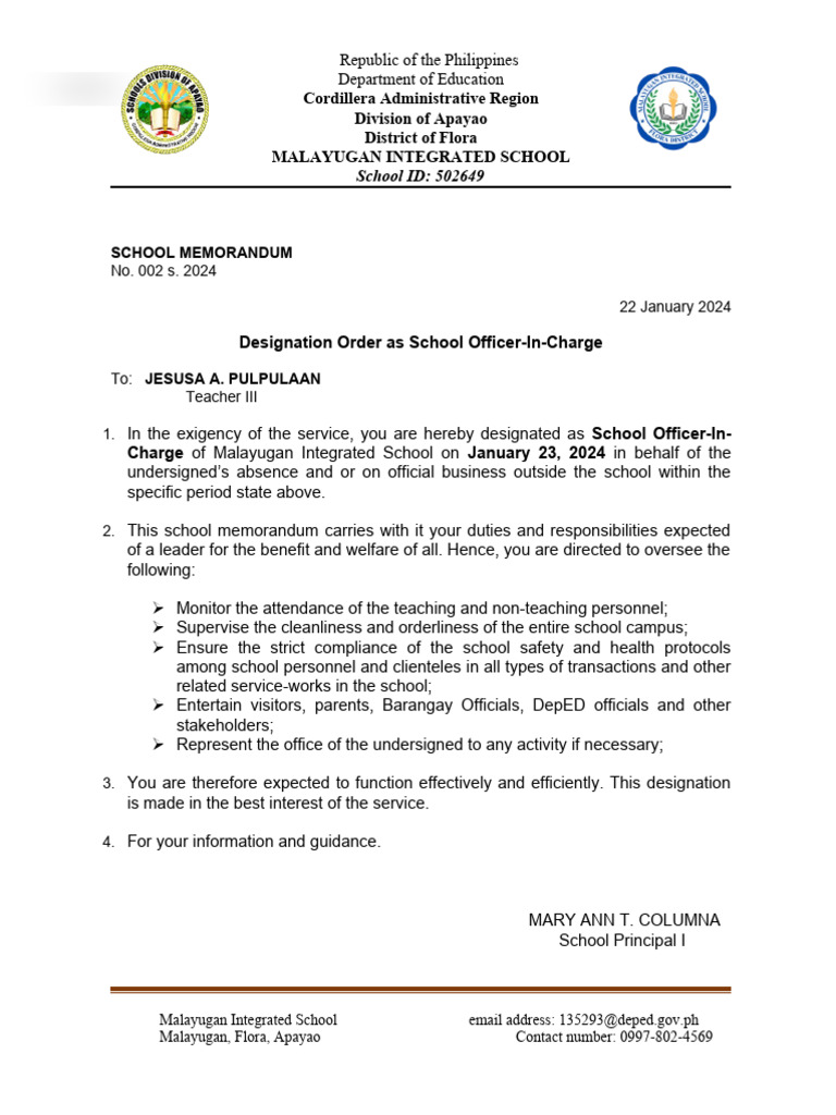 School Memorandum - 002 S. 2024 | PDF