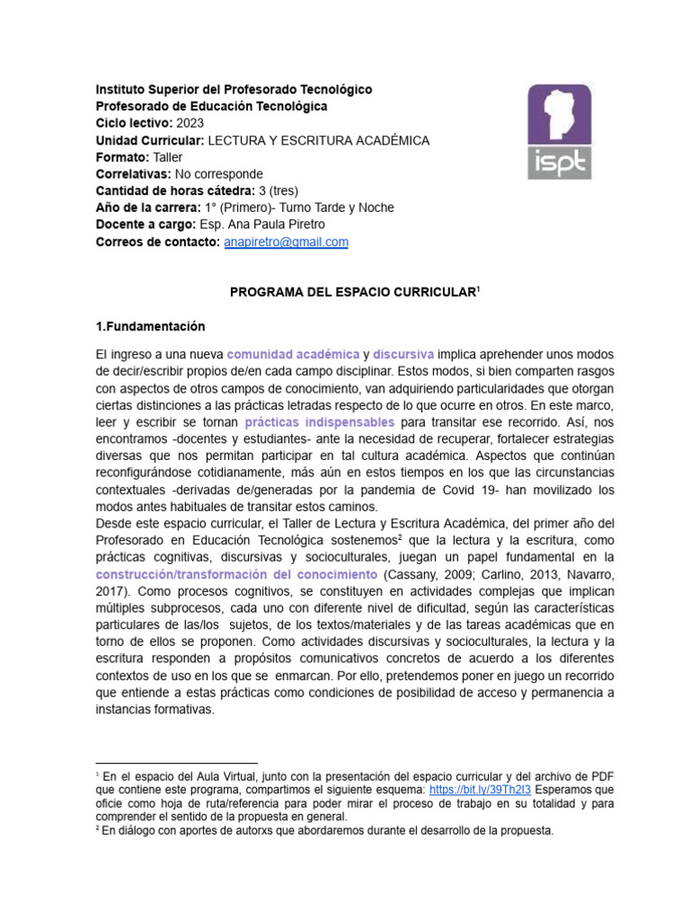 Programa LEA - Año 2023 - ISPT - Prof. Ana Piretro | PDF | Maestros | Evaluación