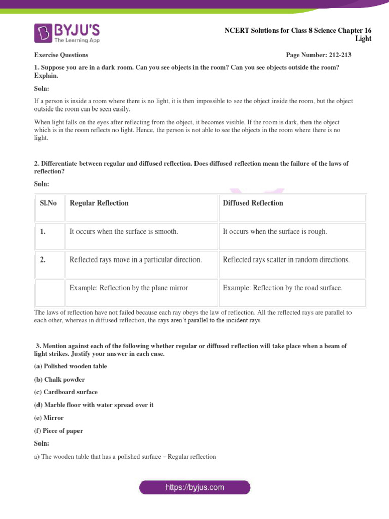 Ncert Solutions For Class 8 March 31 Science Chapter 16 Light | PDF | Reflection (Physics) | Mirror