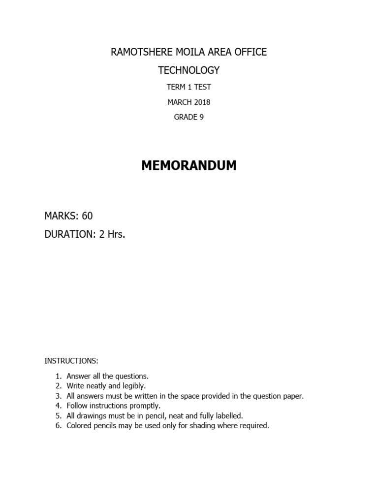 Grade 9 Technology Term 1 Test Memo | PDF | Force