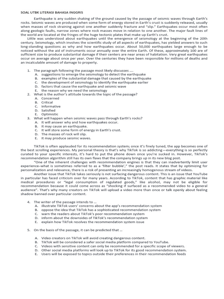 Soal Utbk Literasi Bahasa Inggris | PDF | Earthquakes | Loneliness