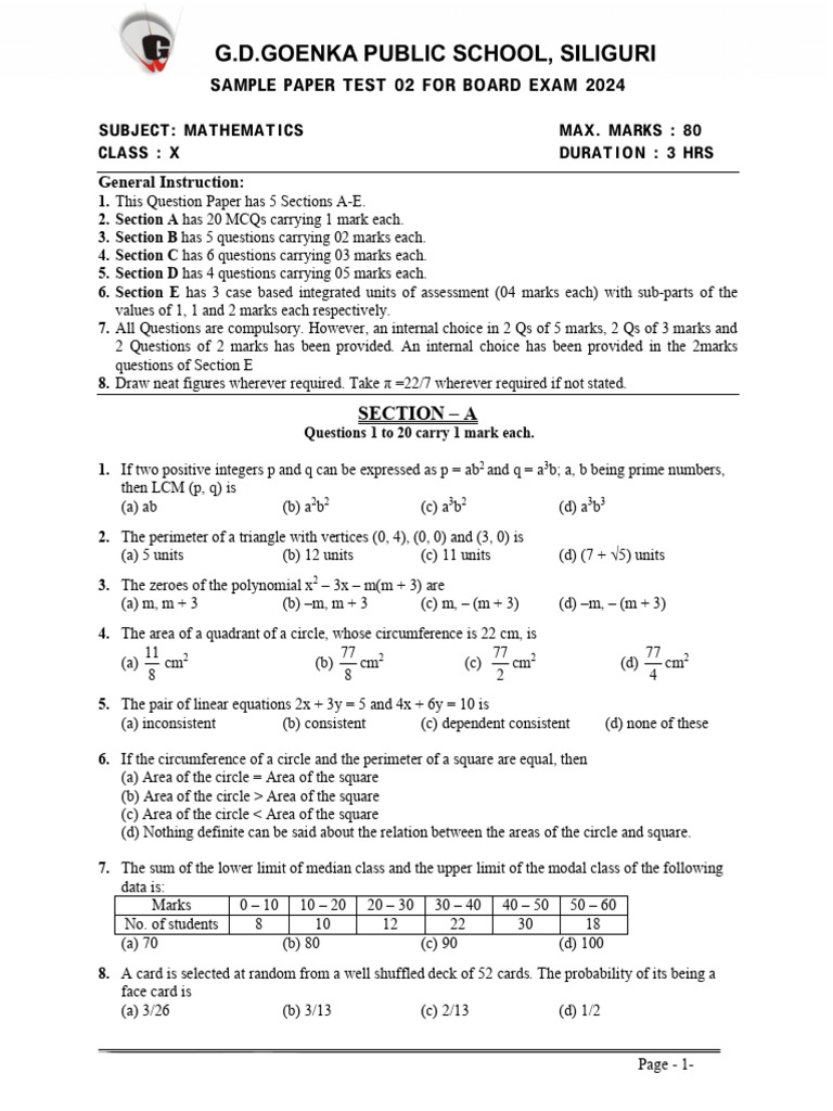 X Math Sample Paper 23-24-2 | PDF | Area | Sphere
