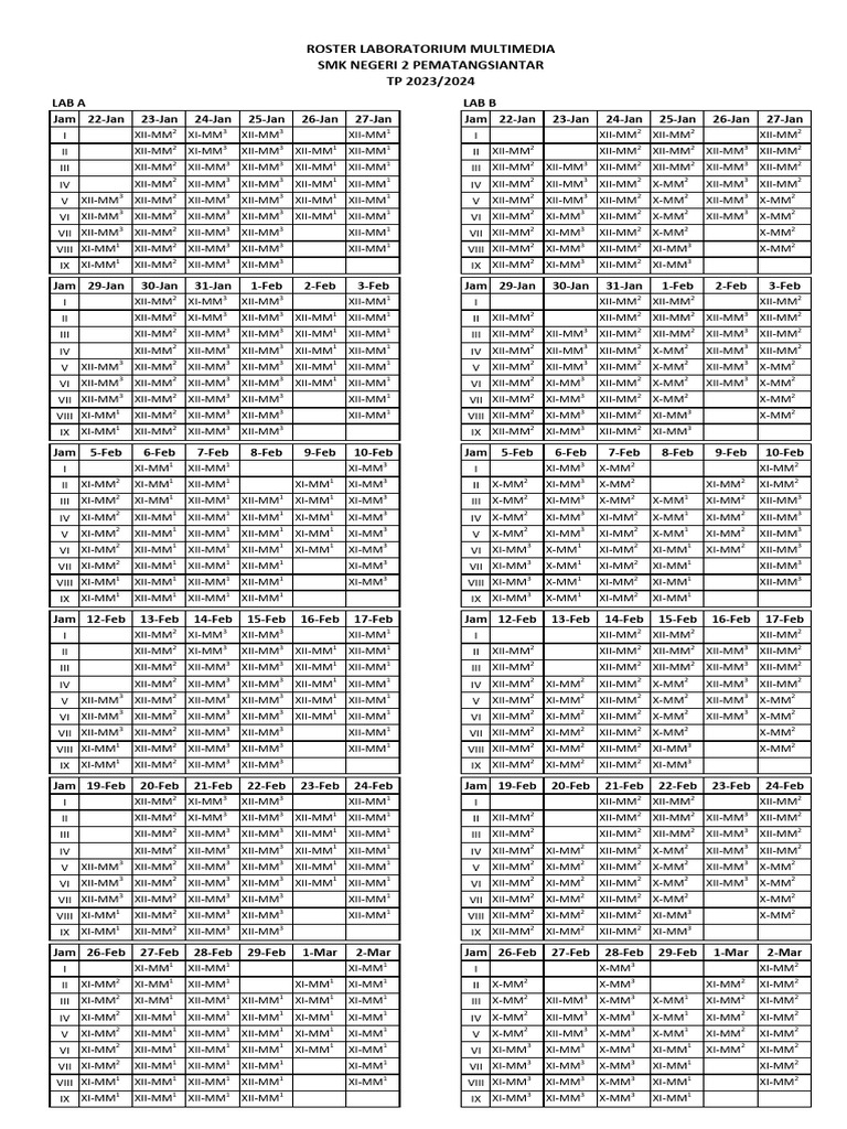 Roster Lab Multimedia SMK Negeri 2 | PDF