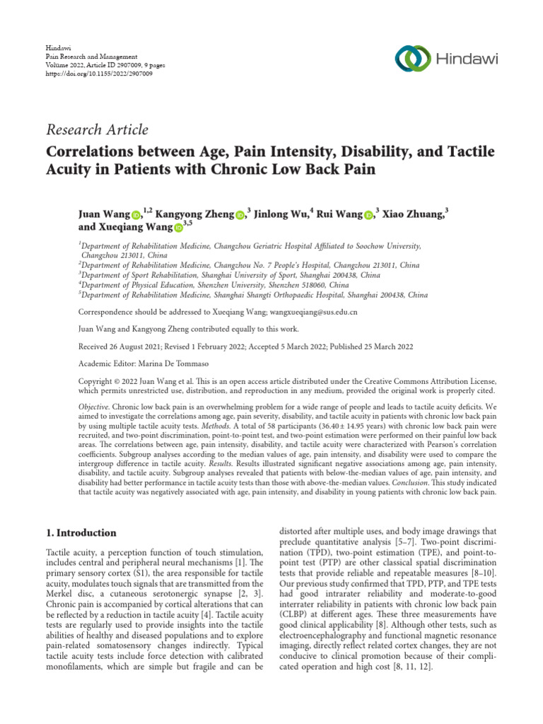 4 Correlations Between Age, Pain Intensity, Disability, and Tactile ...