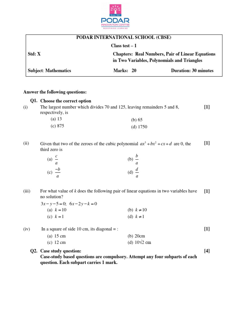 0 - Class Test 1 - CB - STD - X - Math - QP | PDF | Polynomial | Equations