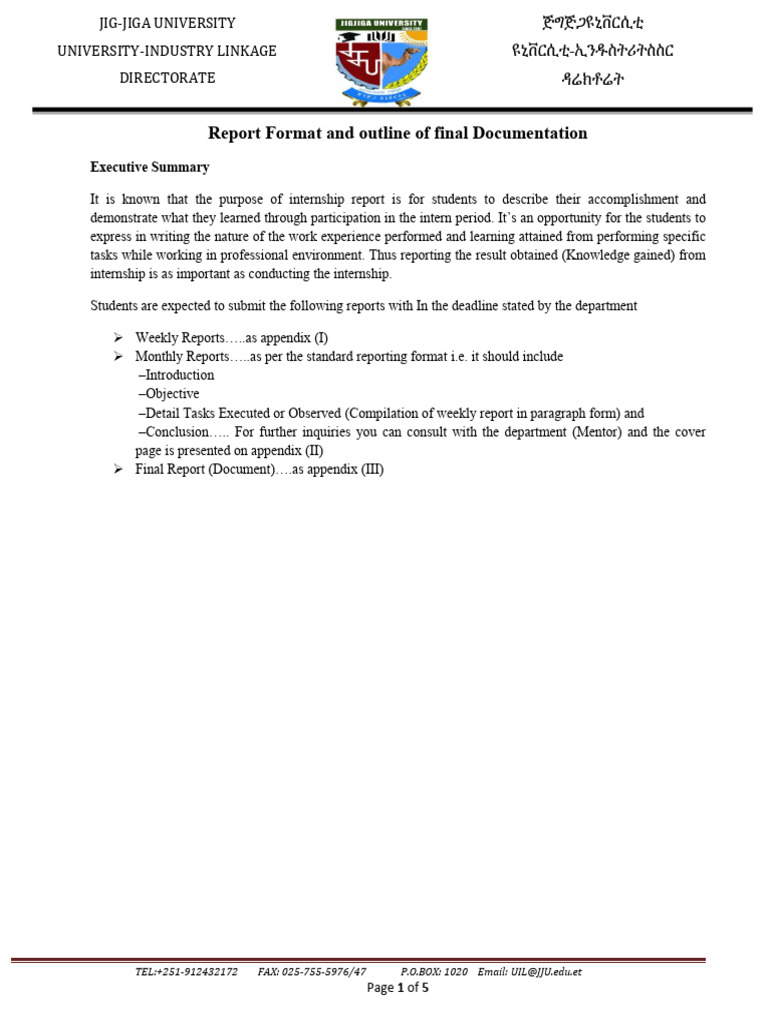 Report Format and Outline of Final Documentation: Executive Summary ...