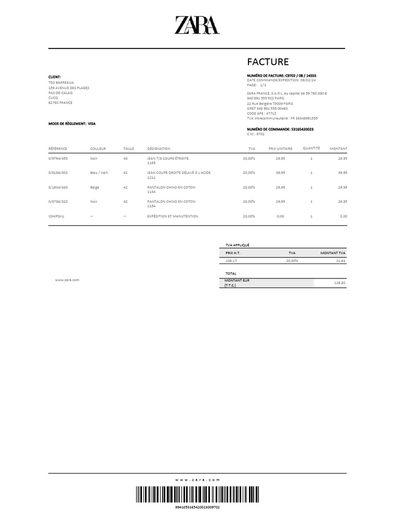 Facture Zara 129 | PDF