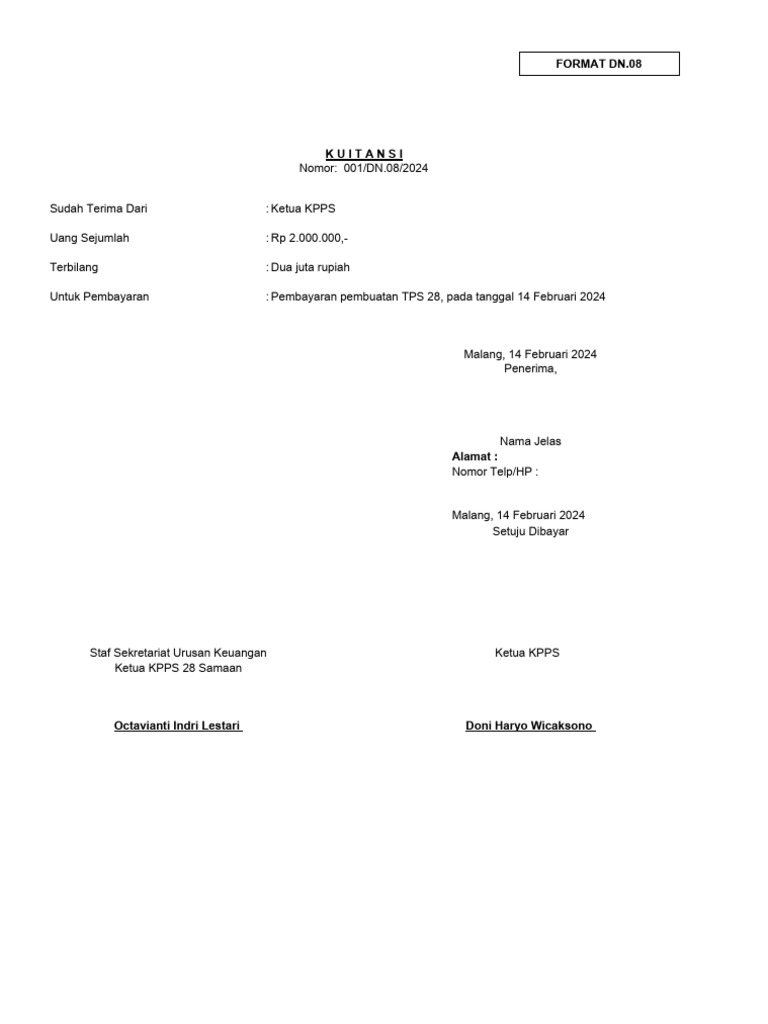 Kwitansi Pembayaran KPPS Malang 2024 | PDF