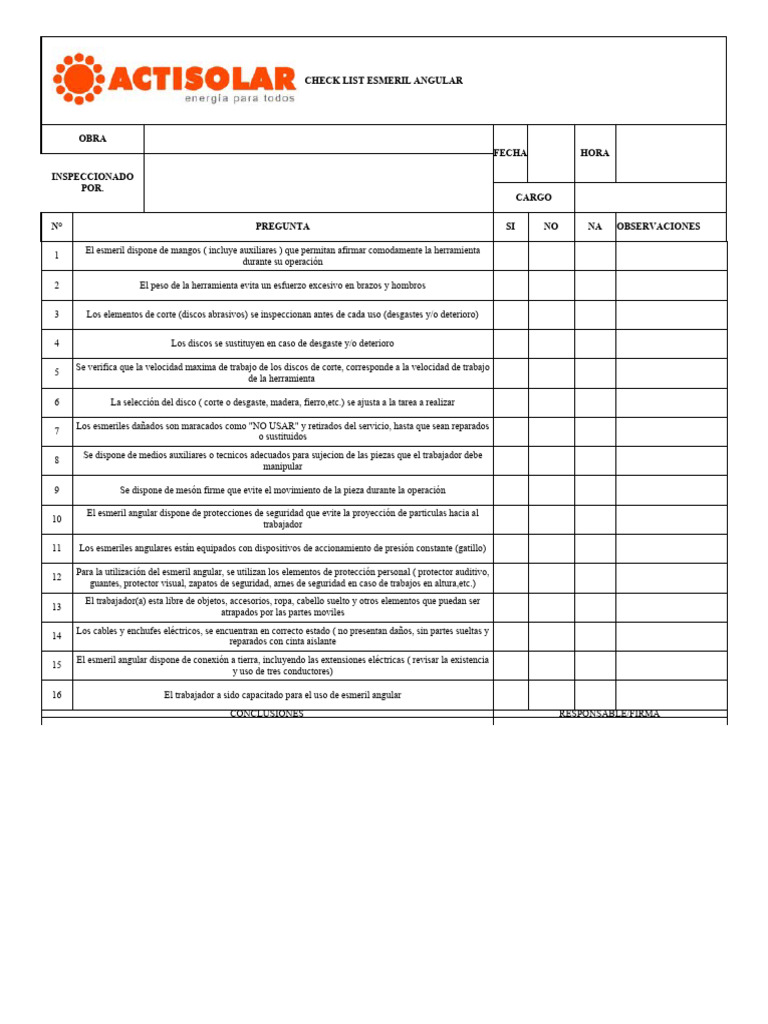 Checklist de Seguridad para Esmeril Angular | PDF | Bienes manufacturados