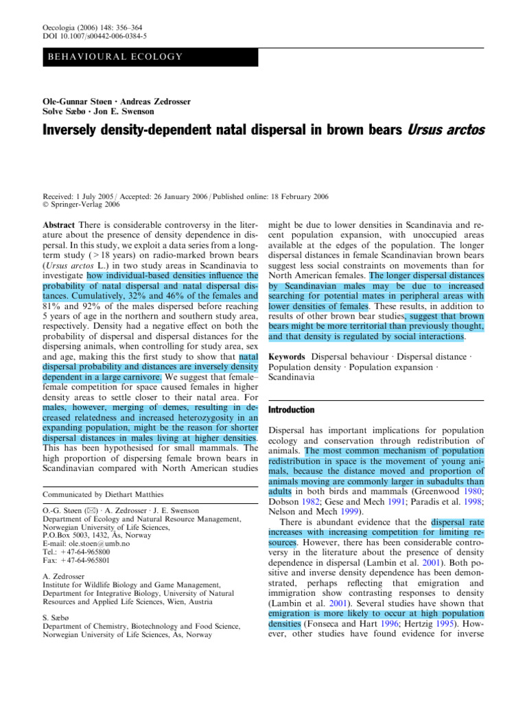 Støen 2006 Inversely Density Dependent Natal Dispersal in Brown Bears ...