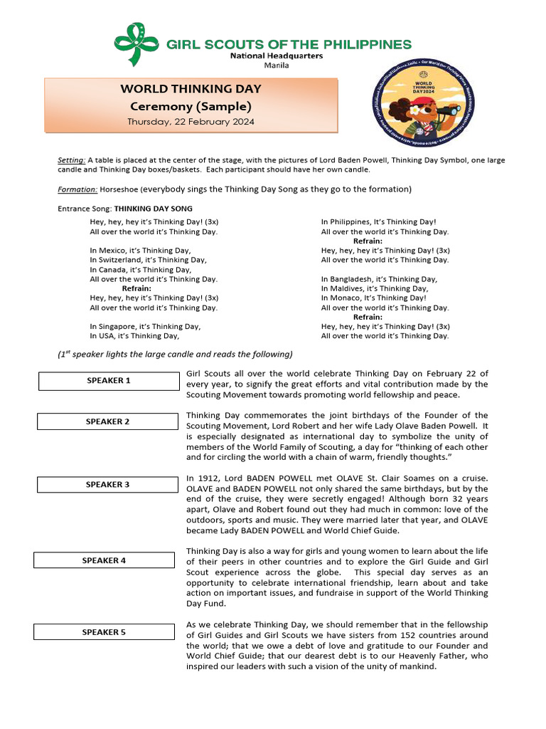 Sample World Thinking Day Ceremony 2024 Updated | PDF | Girl Guiding ...