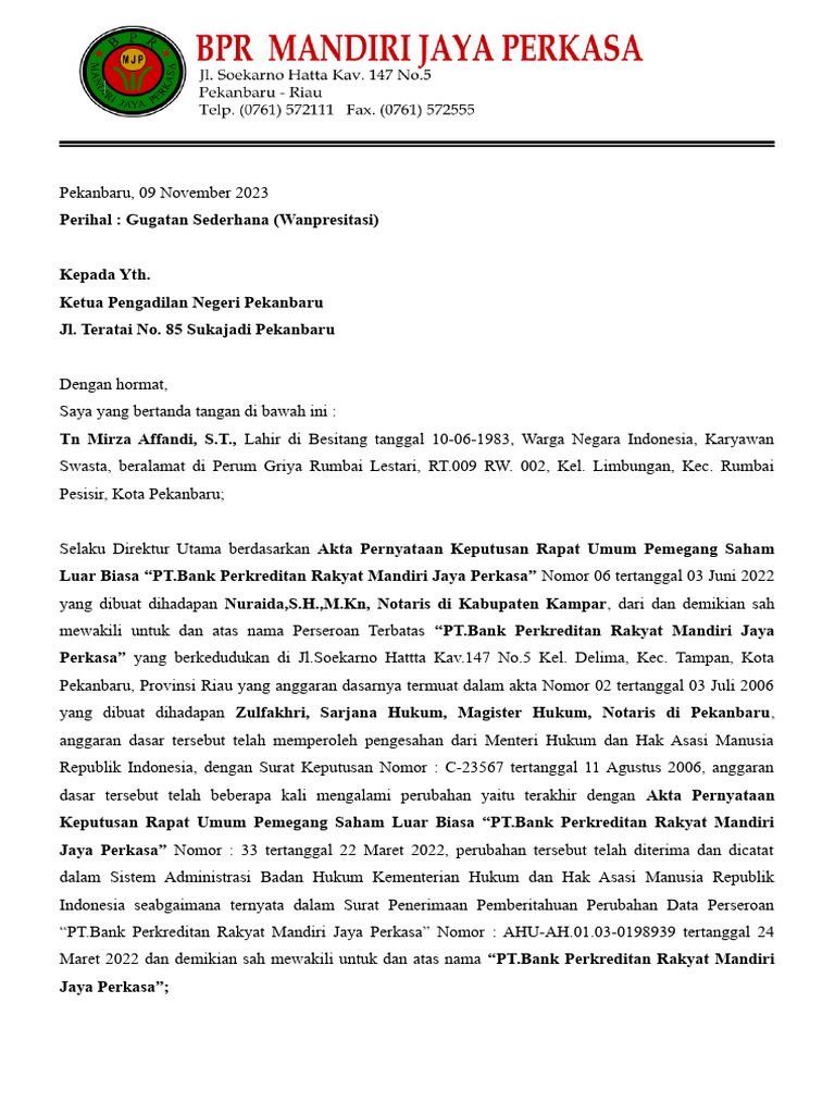 Draf Gugatan Lusi Yanti Riza | PDF