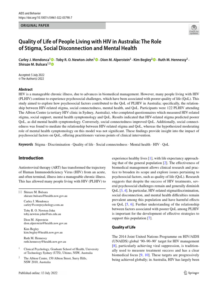 HIV Stigma and Quality of Life in Australia | PDF | Mental Disorder ...