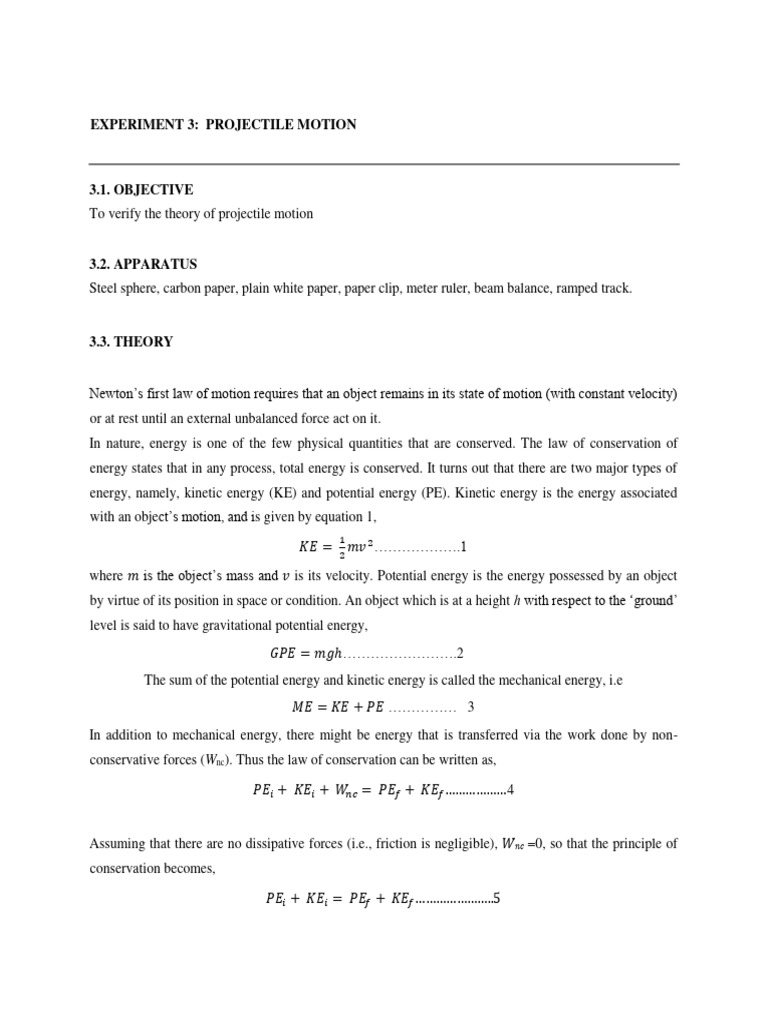 Experiment 3: Projectile Motion Analysis | PDF | Force | Potential Energy