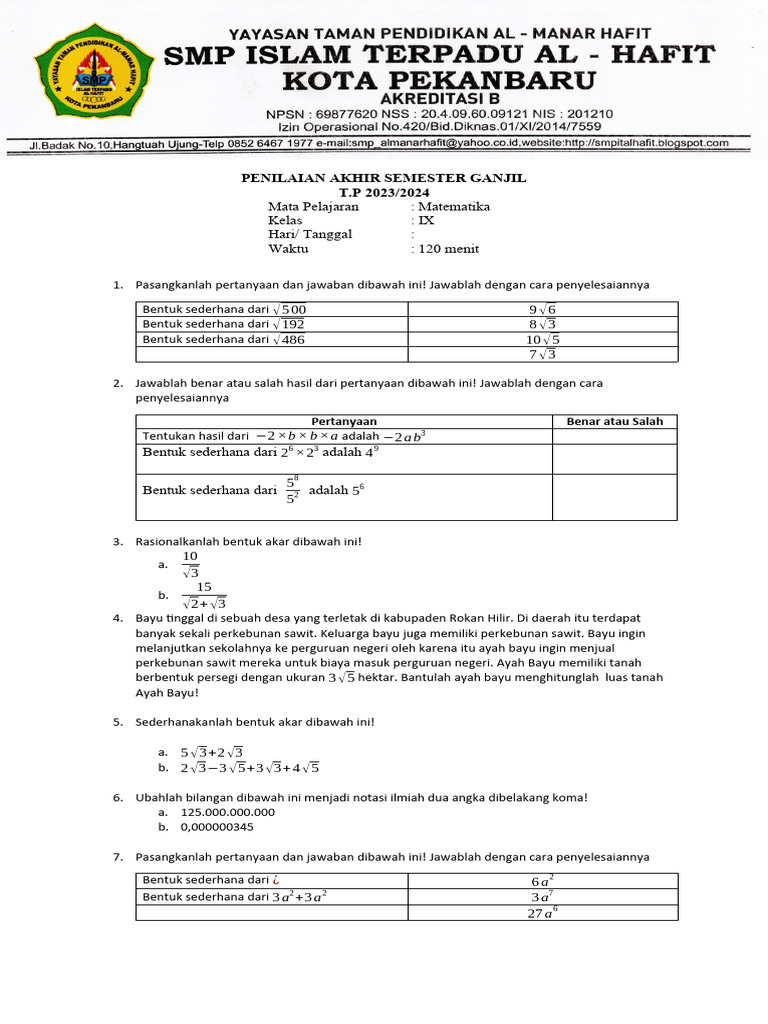 Pts MTK Kelas 9 2023-2024 | PDF