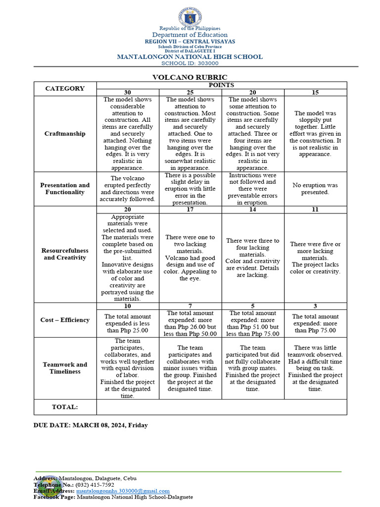 Volcano Realia Rubric | PDF