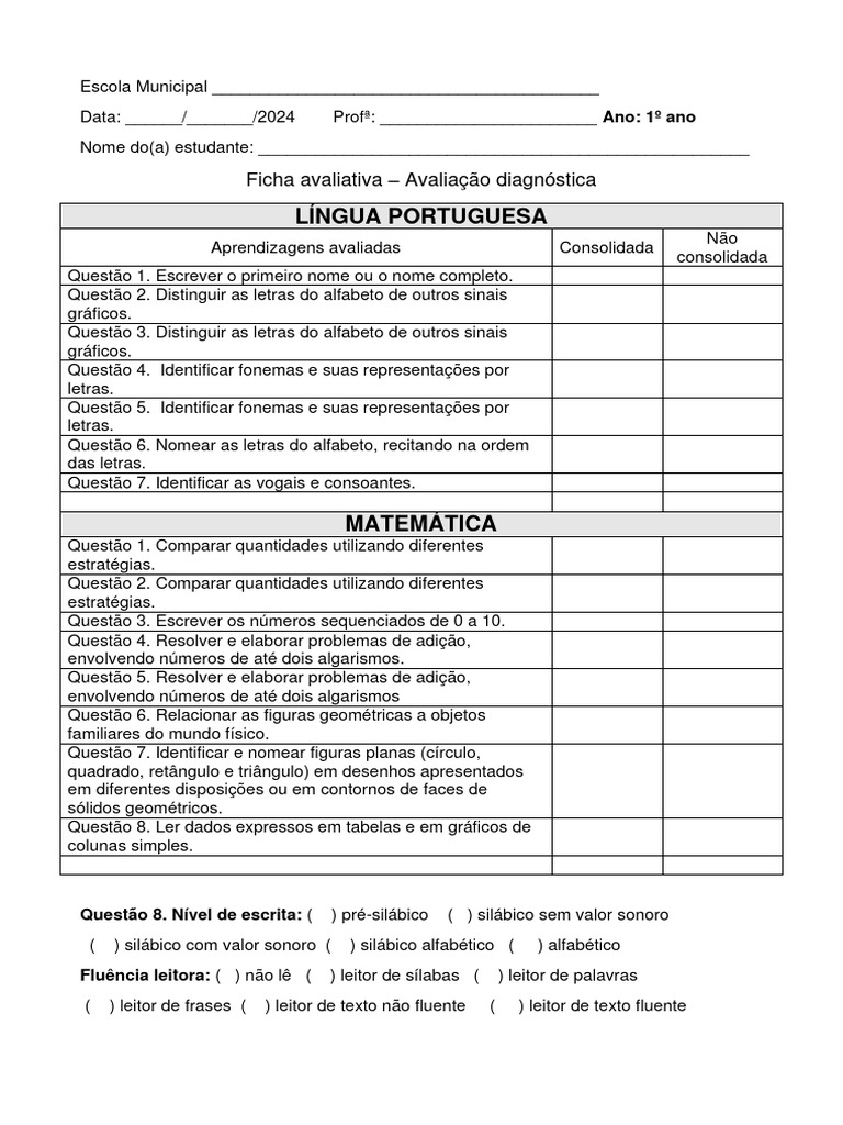 Avaliação Diagnóstica - 1º Ano | PDF | Alfabeto | Fonema