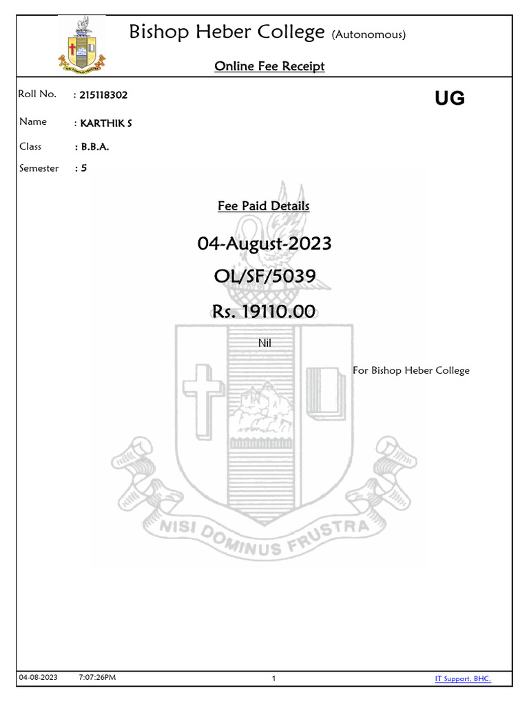 Bishop Heber College Fee Receipt | PDF