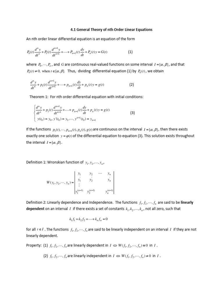 4.1 General Theory of NTH Order Linear Equations: Dy D y Dy PT PT P T Pty GT DT DT DT P P G PT T ...