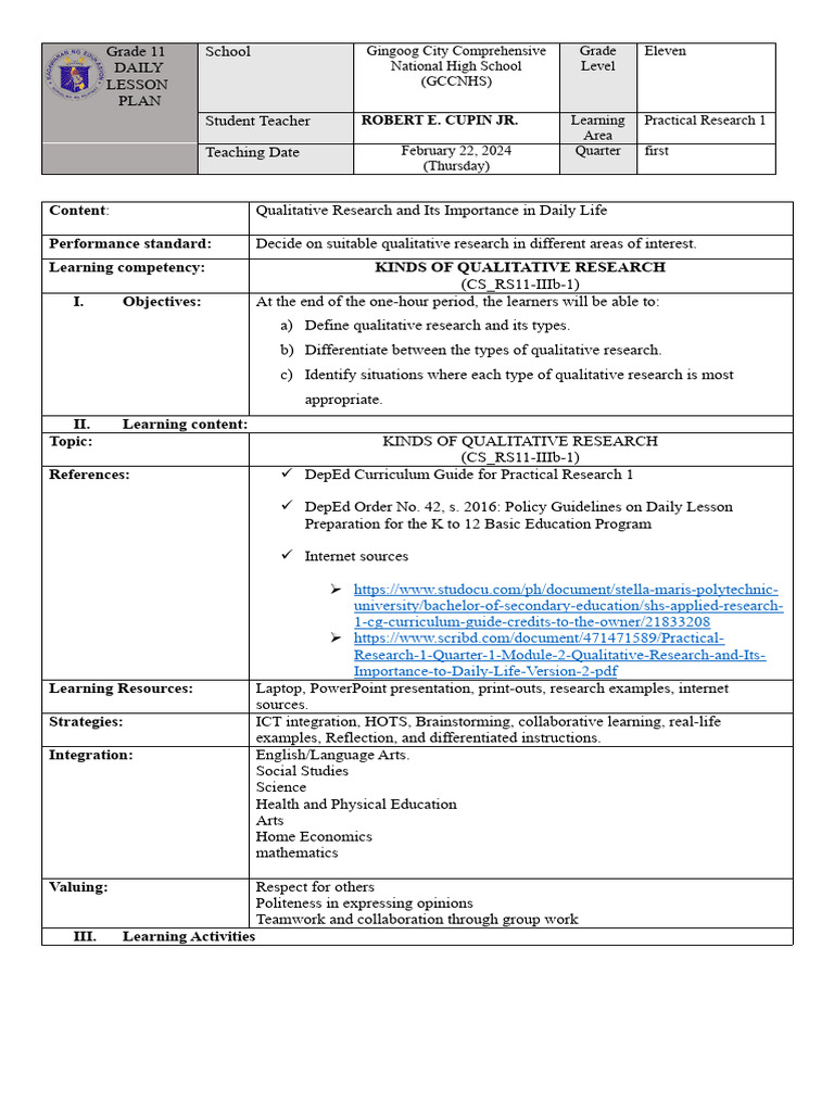 Grade 11 LESSON PLAN | PDF | Methodology | Qualitative Research