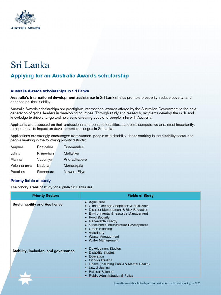 Australia Awards Sri Lanka Information For Intake Pdf Academic
