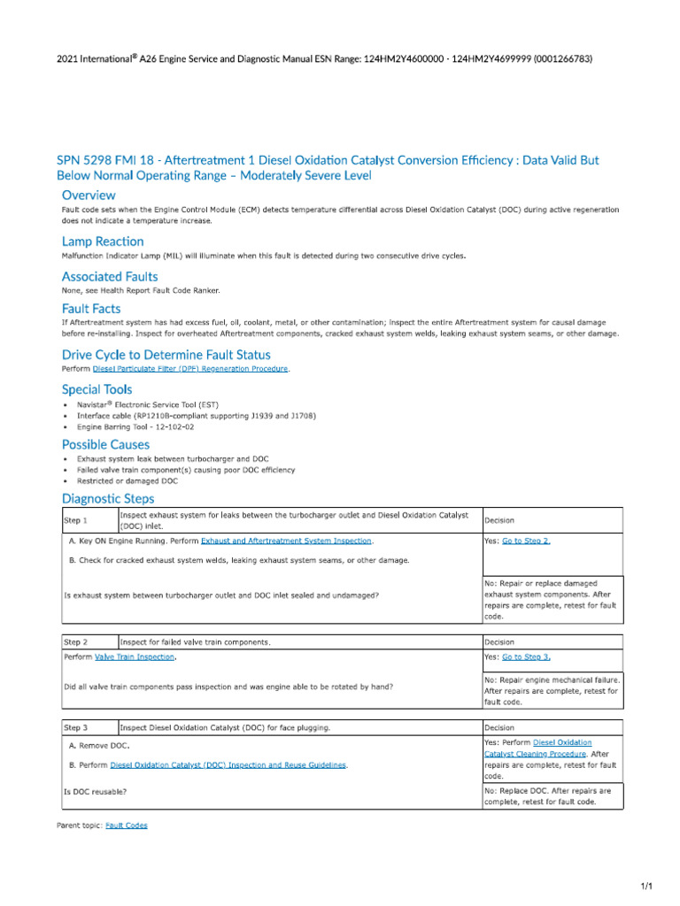 SPN 5298 FMI 18 - Aftertreatment 1 Diesel Oxidation Catalyst Conversion Efficiency - Data Valid ...