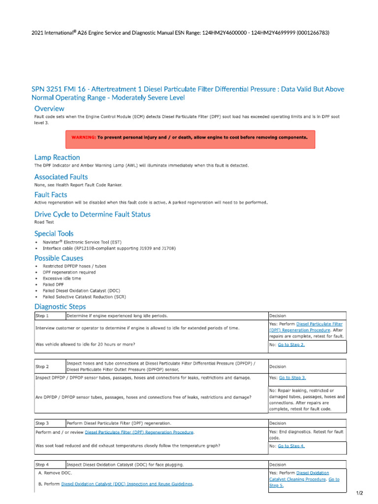SPN 3251 FMI 16 - Aftertreatment 1 Diesel Particulate Filter ...