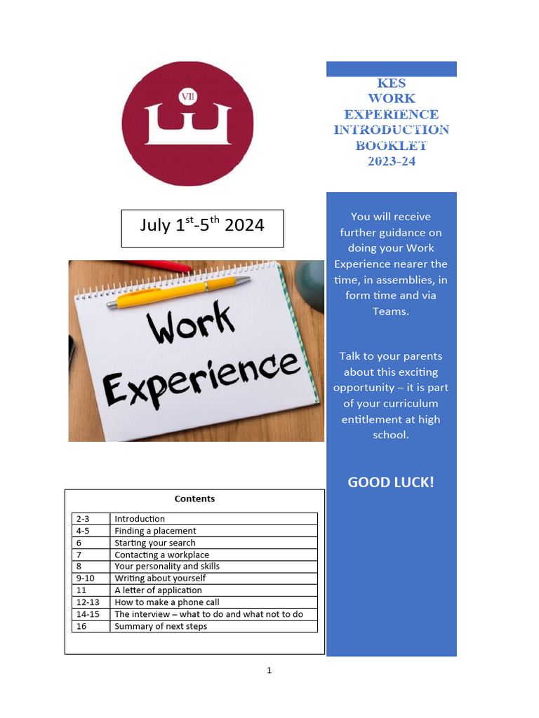 Work Experience Intro Booklet 2023-24 | Download Free PDF | Internship ...