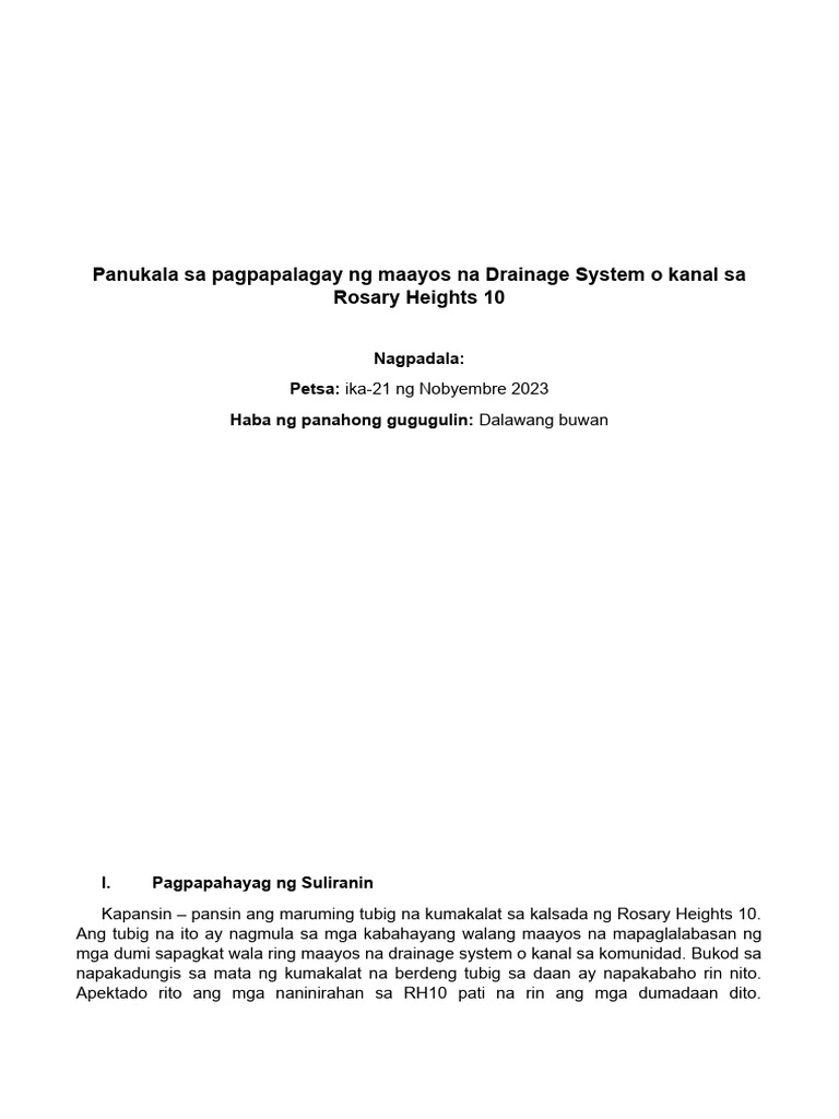 Panukala Sa Pagpapalagay NG Maayos Na Drainage System o Kanal Sa Rosary ...