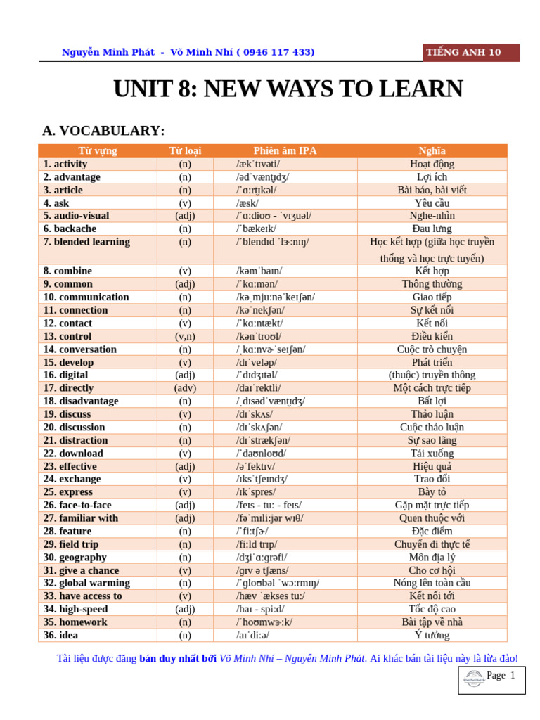 Bài Tập Bổ Trợ Anh 10 Global Có File Nghe Và Đáp Án Cả Năm Unit 8 HS | PDF