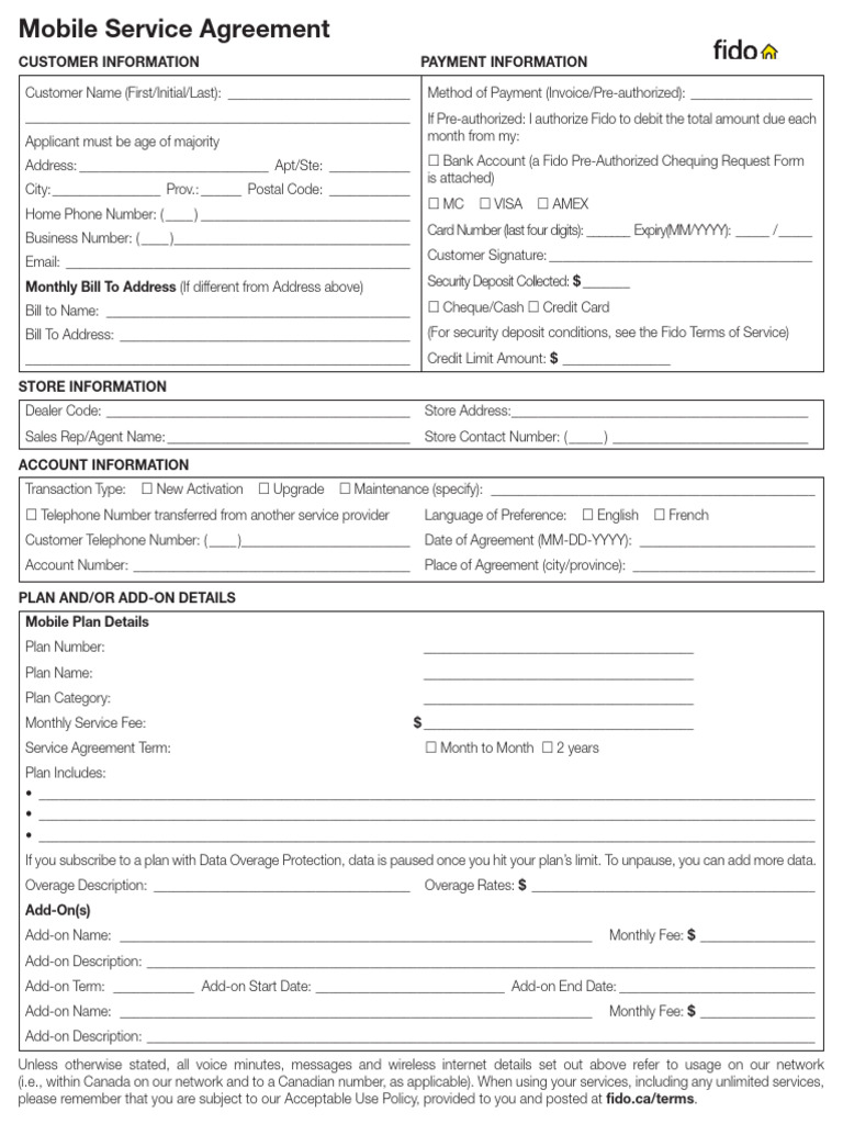 Fido Mobile Service Agreement Form | PDF | Roaming | Service Industries