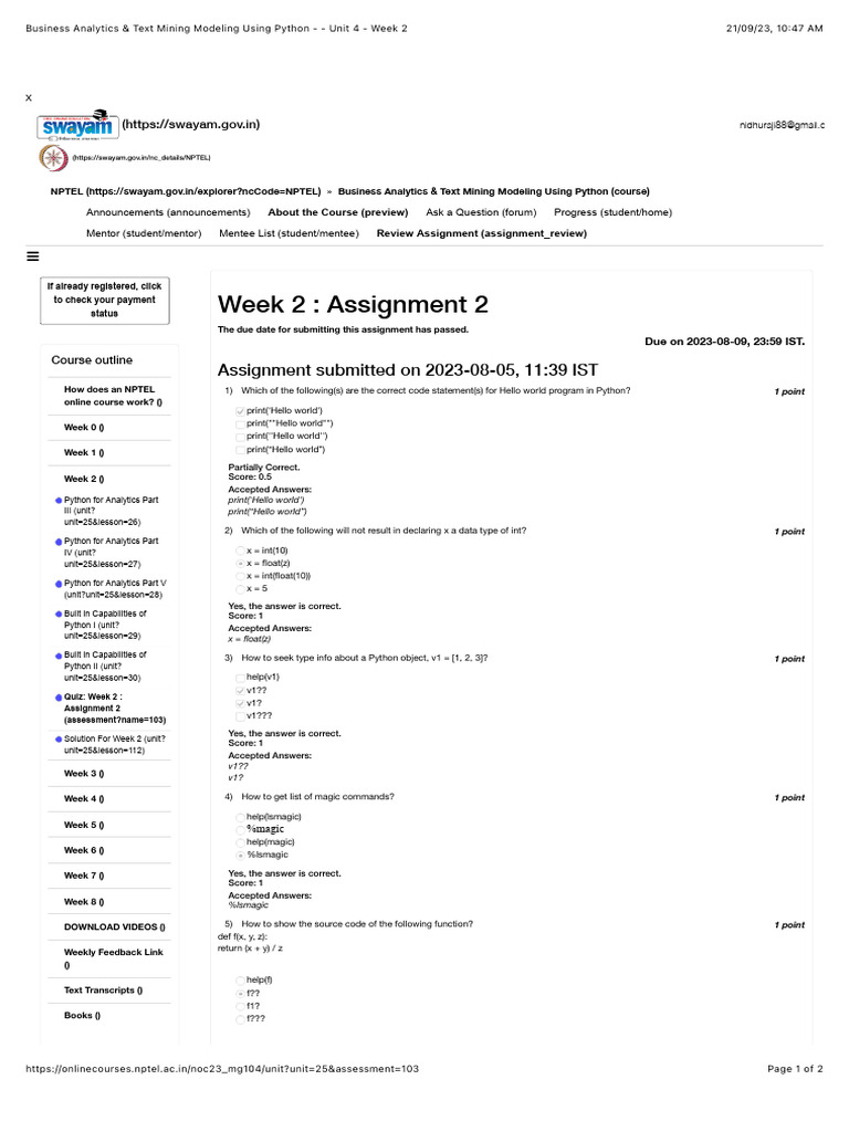 Week 2: Assignment 2: Assignment Submitted On 2023-08-05, 11:39 IST | PDF | Python (Programming ...