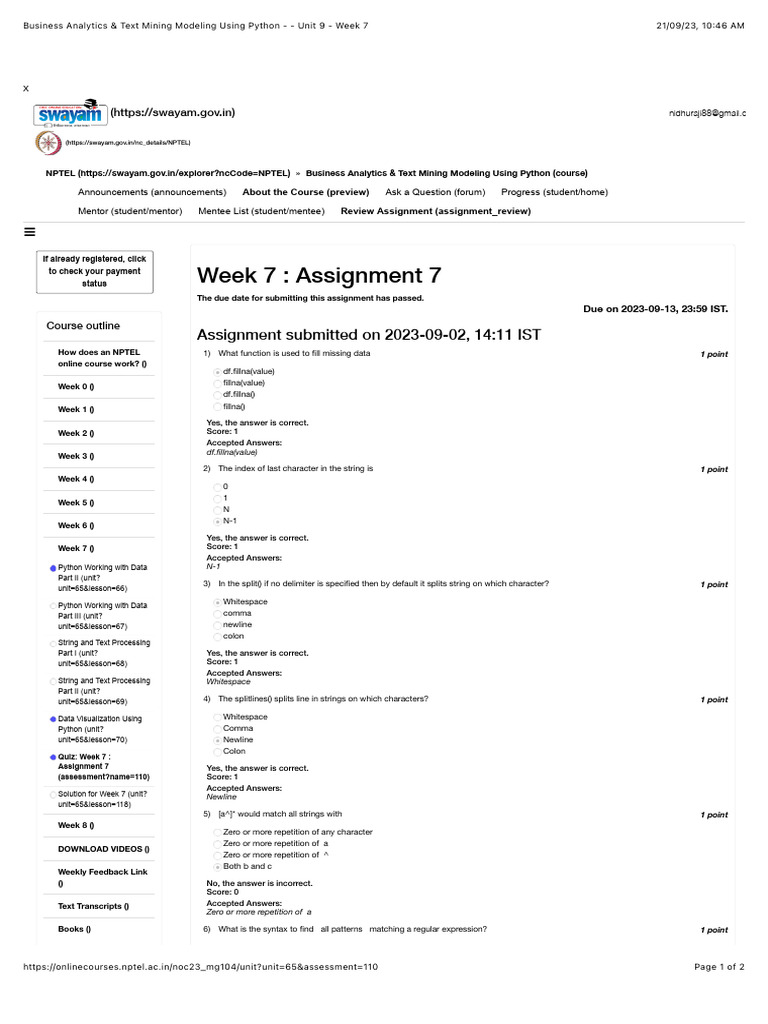 Week 7: Assignment 7: Assignment Submitted On 2023-09-02, 14:11 IST | PDF | String (Computer ...