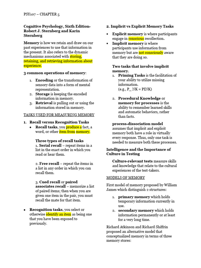 CHAPTER-5 Summary | PDF | Memory | Recall (Memory)