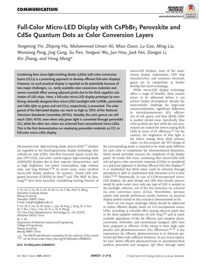 Full-Color Micro-LED Display With CsPbBr3 Perovskite and CdSe Quantum Dots As Color Conversion ...