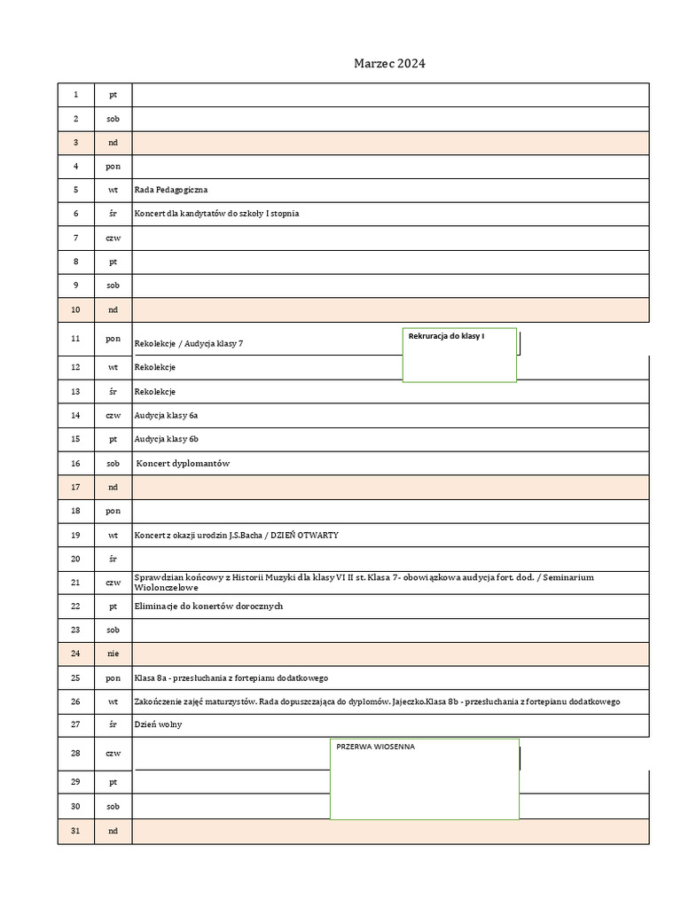 Kalendarium Marzec 2024 | PDF