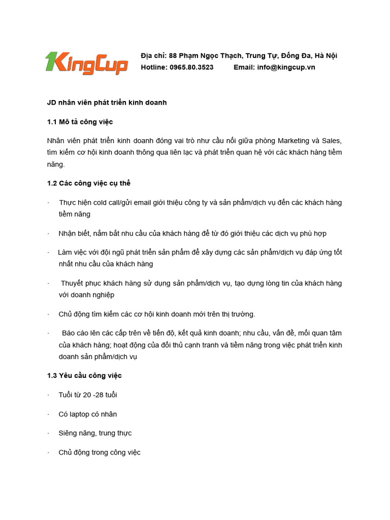 JD nhân viên phát triển kinh doanh 1 | PDF